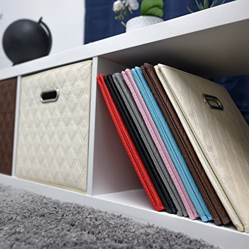 JIAessentials Large 13-inch Gray Foldable Diamond Patterned Faux Leather Storage Cube Bins Set of Four with Handles with Dual Handles for living room, bedroom and office storage