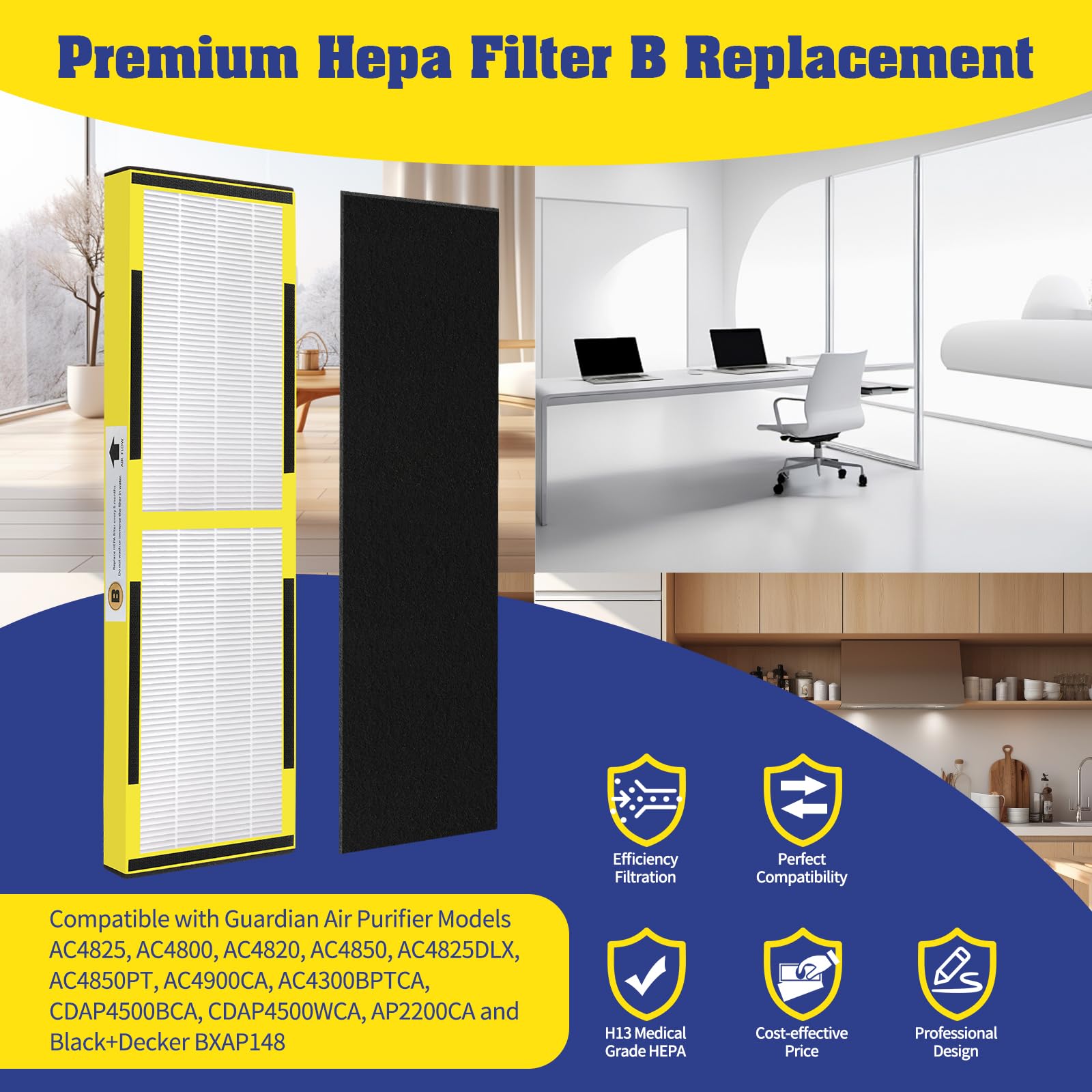 DerBlue 3 Pack FLT4825 True HEPA Filter B Activated Carbon Pre-Filters Compatible with Guardian AC4825 AC4300 AC4800 AC4900 AC4850