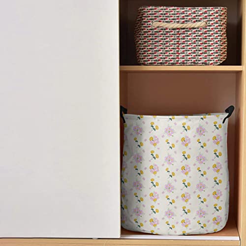 Laundry Basket Hamper with Handles, Spring Floral Collapsible Laundry Basket Waterproof Cloth Laundry Hamper Easy Carry Storage Basket 13.8x17 In Farmhouse Rural Flowers Yellow Backdrop