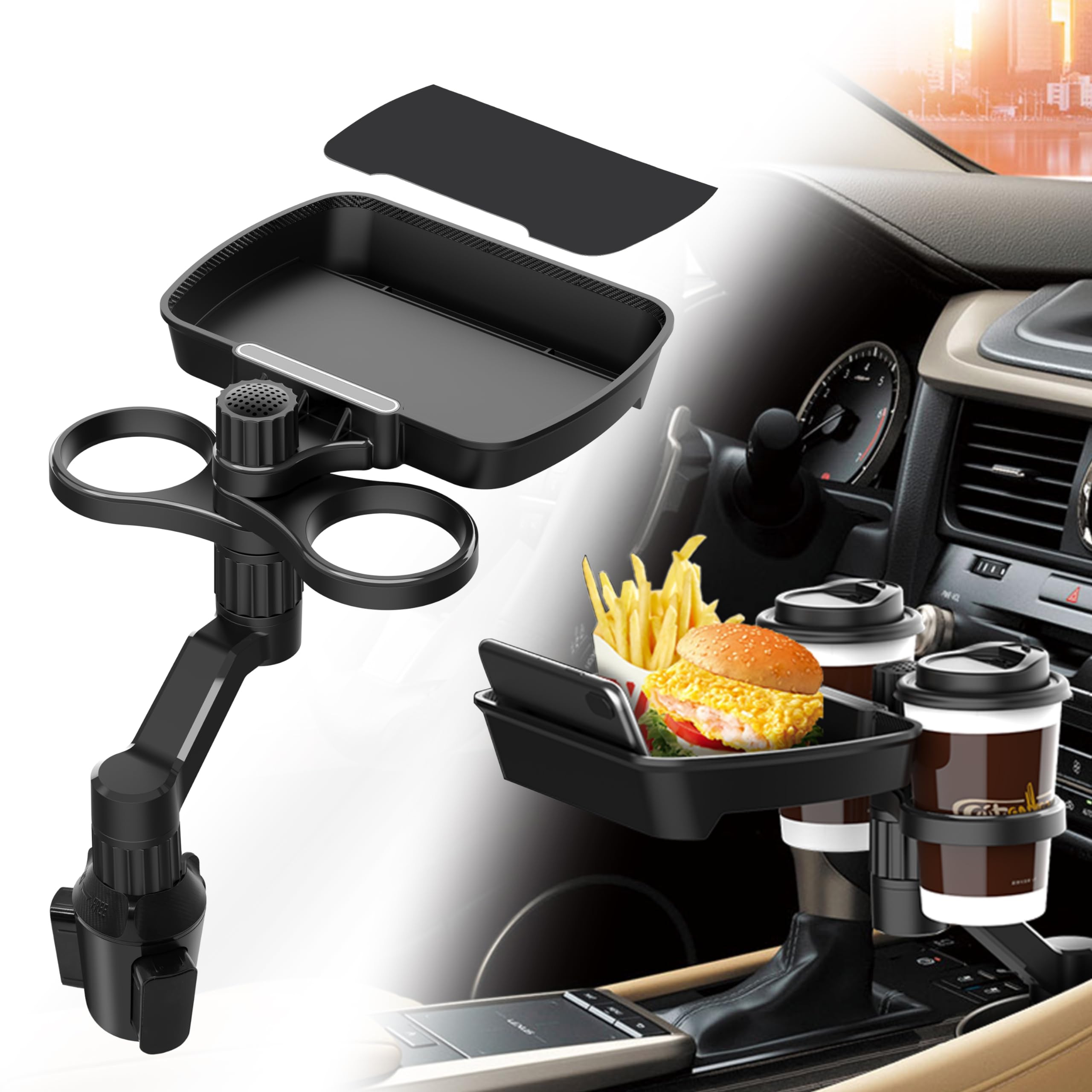 Cup Holder for Car 360°Rotation Adjustable Base Width Cup Holder Expander with Dual Cup Holder, Phone Holder, Detachable Instant Noodle CupHolder-Ashtray CupHolder, Car Travel Essentials