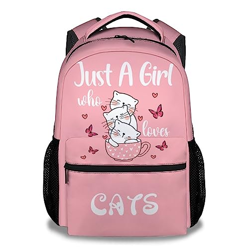 KNOWPHST Cat Girls Backpack for School, 16 Inch Pink Backpacks for Kids, Cute Lightweight Bookbag for Travel