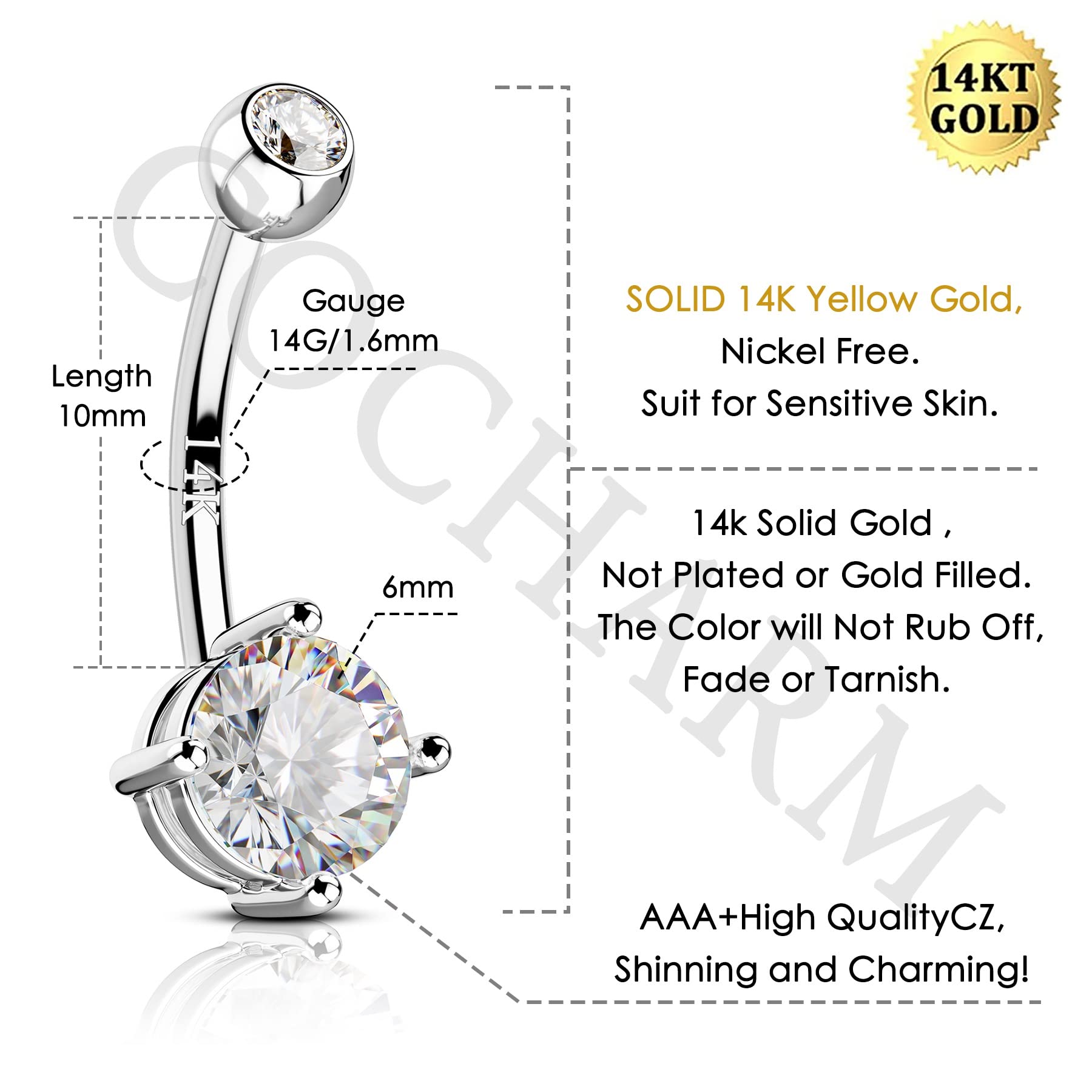 COCHARM 14K White Gold Belly Button Rings for Women Clear CZ White Gold Belly Navel Piercing Jewelry Hypoallergenic Belly Rings