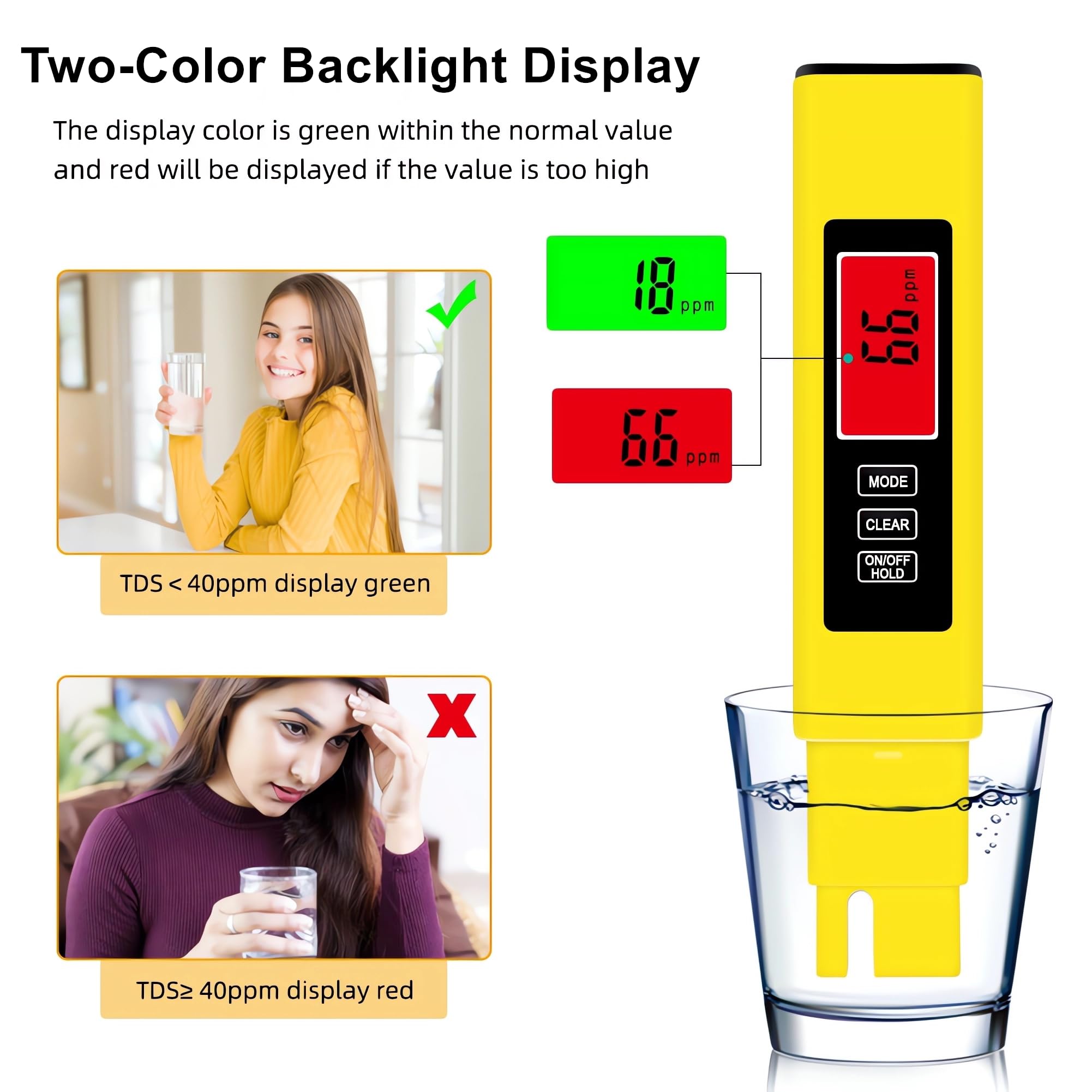 TDS Meter Digital Water Quality Tester,EC Meter & Temperature Meter 4 in 1,for Ro-Rodi System Drinking Water,Water Quality Tester 0-9990 PPM Measuring Range,1 PPM Increments（Yellow）