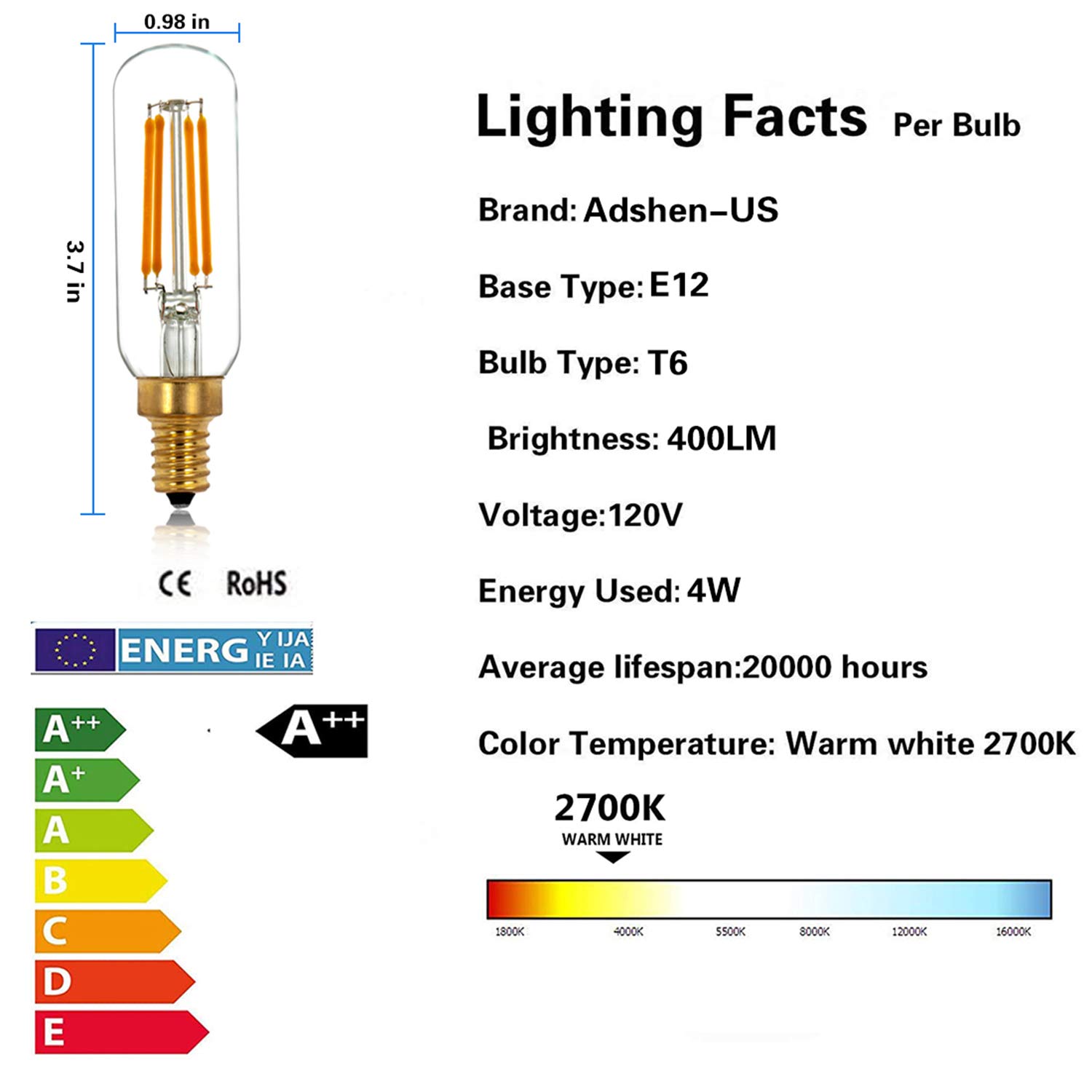 Dimmable T6 LED Bulb,4W Edison Light Bulb,2700K Warm White, E12 Tubular Bulb,40 Watt Equivalent,400Lm,Small Filament Bulb for Chandelier Ceiling Light,6-Pack