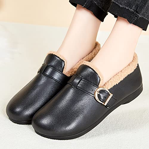 FASDNENDYS Fashion Winter Women Casual Shoes Flat Bottom Round Toe Solid Color Buckle Short Plush Warm and Comfortable Walking Black
