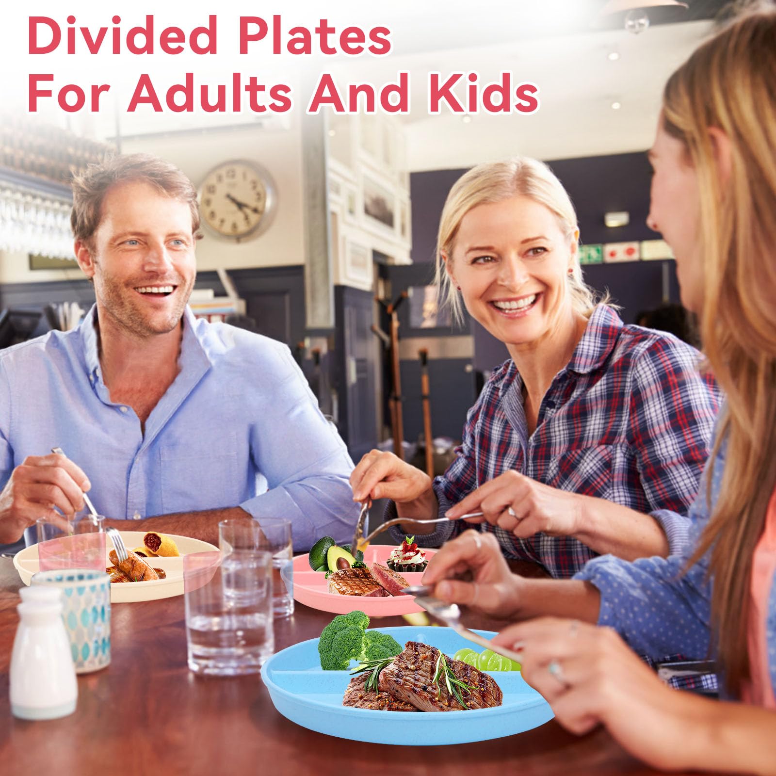 DYB DONGYONGBAO Portion Control Plate For Weight loss 9Inch 5PS, Reusable Wheat Straw Round Plastic Divided Dinner Plates, Microwave And Dishwasher Safe, Suitable For Kids And Adults