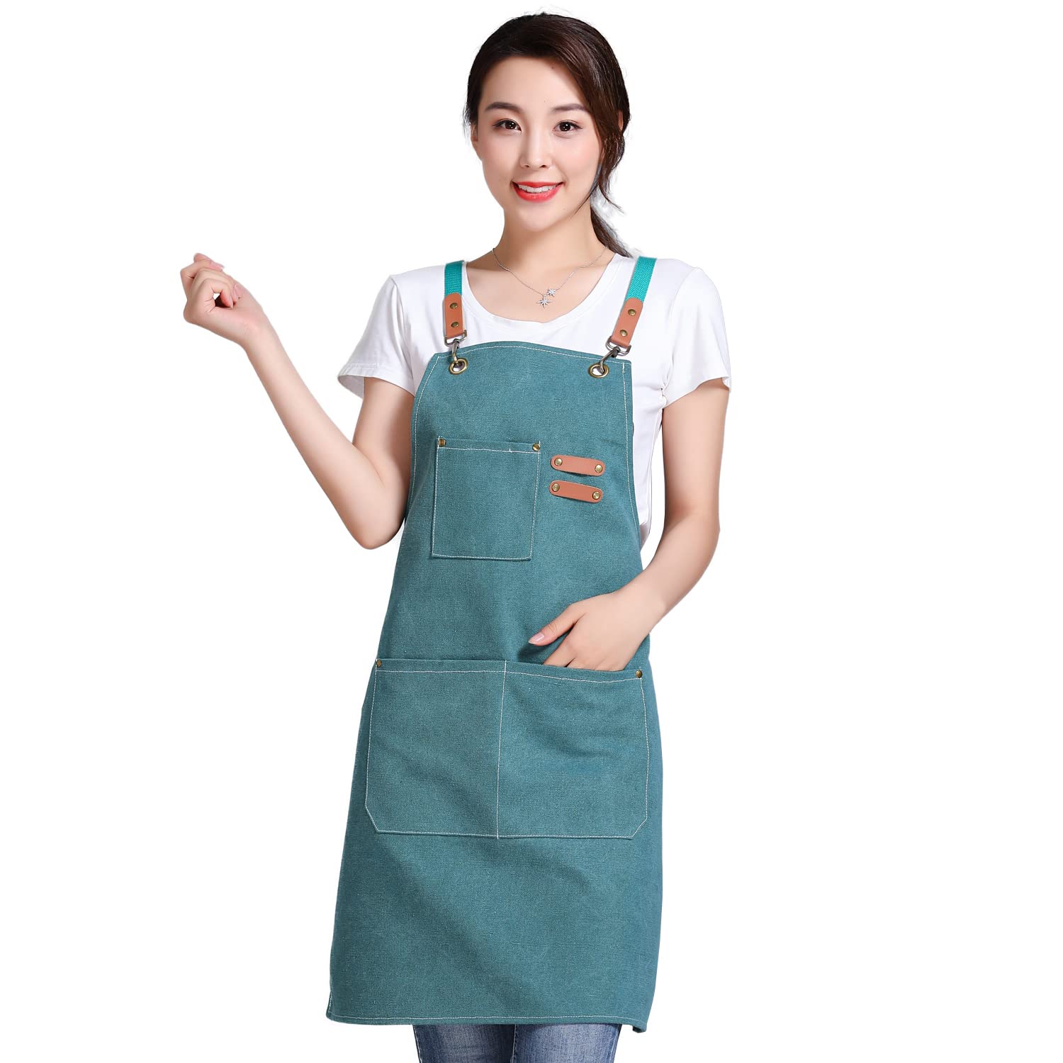 FeedMoo Chef Apron for Men and Women,Cross Back Adjustable Canvas Apron,Kitchen Cooking Baking Bib Apron,BBQ Grilling Aprons (Green)