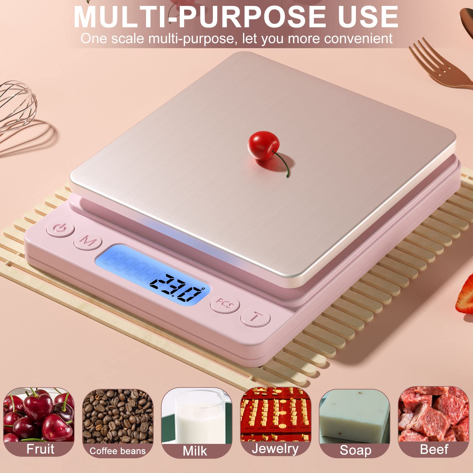 Digital Food Scale for Food Ounces and Grams，YONCON 3000g/0.1gram Accuracy Multifunctional Kitchen Scale for Cooking, Baking | Small Size for Easy Storage | Tare Function