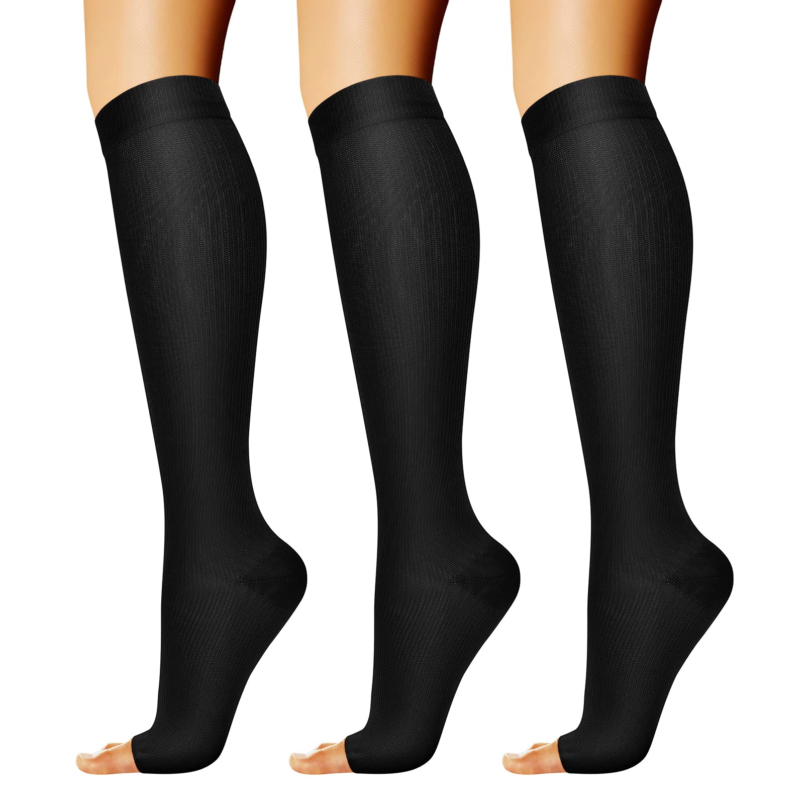 FEYHAY 3 Pairs Open Toe Compression Socks 20-30mmHg, Toeless Compression Socks Women