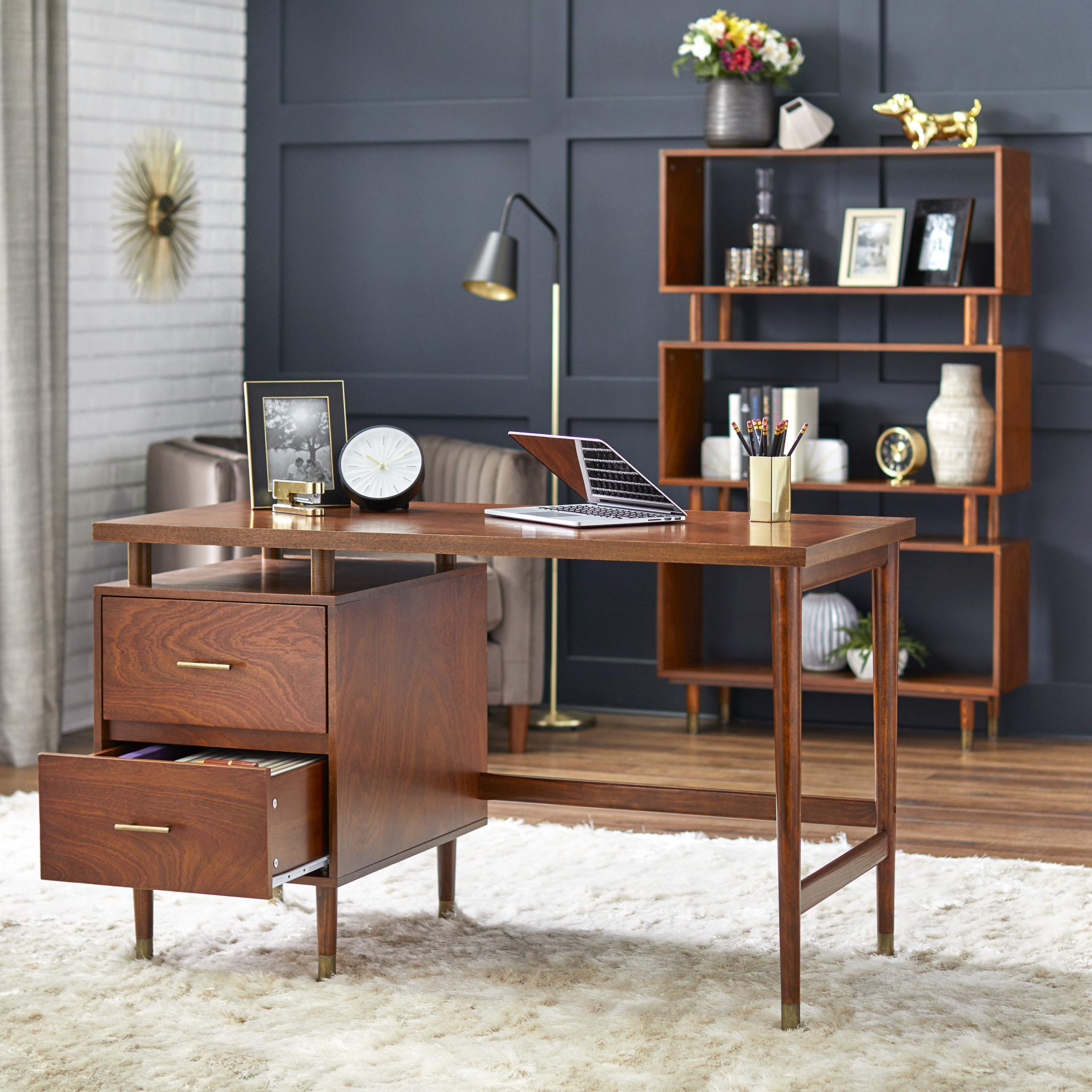 Target Marketing Systems Margo Home Office, Study Room, Vanity or Bedroom, Computer Elevated Table Top and 2 Spacious Drawers, Mid-Century Style Desk with Storage, 50β x 24β, Walnut