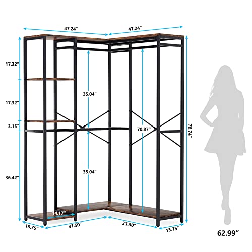 Tribesigns L-Shaped Clothes Rack for Corner, Heavy Duty Garment Rack with Shelves and Hanging Rods, Freestanding Closet Wardrobe Rack Metal Clothing Rack for Bedroom, Capacity 500lbs