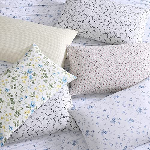 Laura Ashley Home - Queen Sheets, Soft Sateen Cotton Bedding Set - Sleek, Smooth, & Breathable Home Decor (Saras Sprig Black, 4 pieces, Queen)