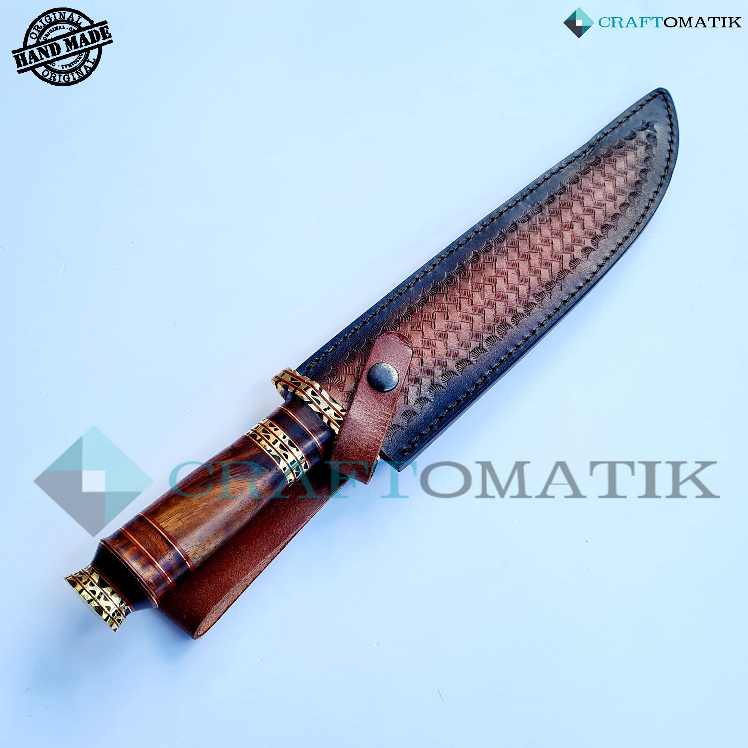 CRAFTOMATIK Hunting Knife Elite | Damascus Steel Walnut Wood and Brass Bowie DHK91, brown, 40 cm
