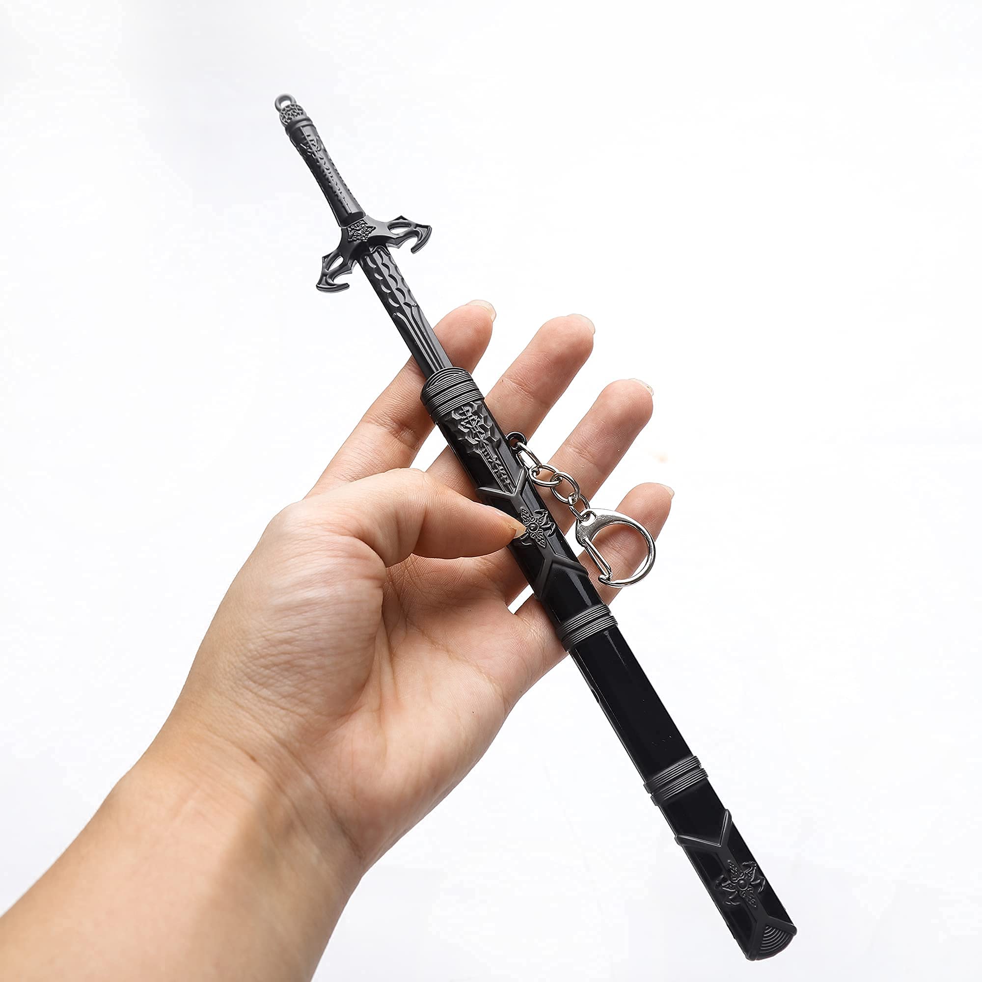 FFYGYZ Chinese Ancient JIAN Sword Keychain Key Ring Chains Chinese Style Weapon Metal Model Key Chain Sword Shaped Letter Parcel Opener Gift Action Figure Arts Free Sword Stand(Black&Gray)