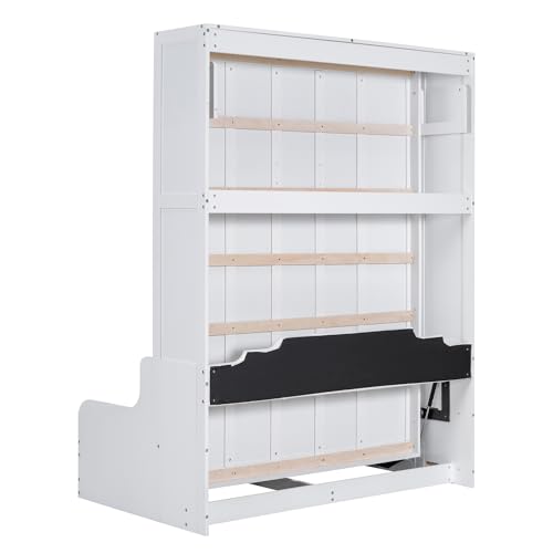 Murphy Bed Queen Murphy Bed with Cushion Under the Chair, Queen Size Murphy Bed Cabinet Bed, Wood Queen Wall Bed, Hidden Murphy Bed, Horizontal Murphy Bed for Guest Bedroom Apartment Studio Use, White