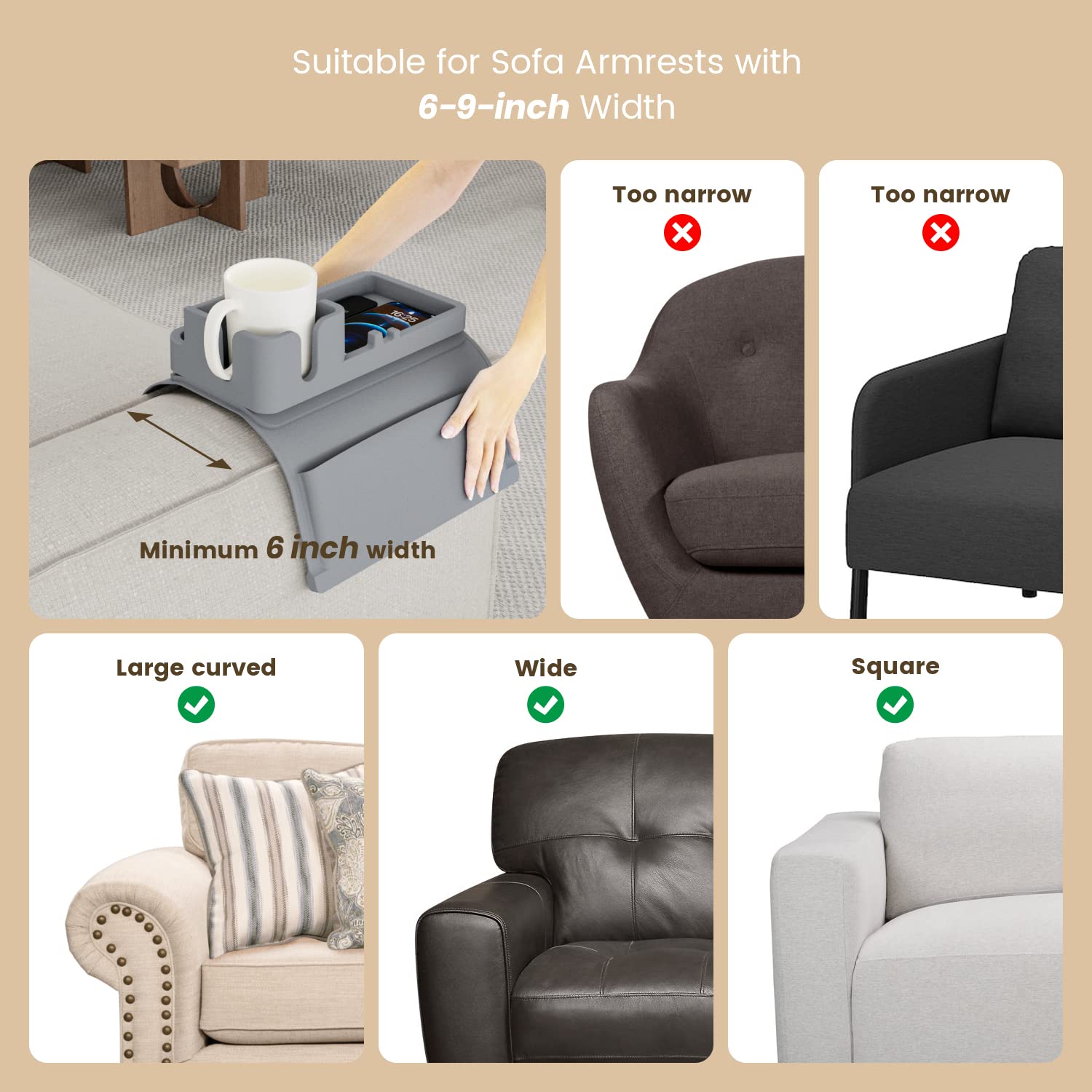 Couch Cup Holder, Couch Arm Tray, Portable Couch Drink Holder Couch Accessories Suitable for Sofa Armrest (Gray)