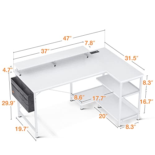 ODK L Shaped 48 Inch Computer Desk with USB Charging Port & Power Outlet, L-Shaped Corner Desk with Storage Shelves & Monitor Shelf for Home Office Workstation, Modern Writing Table, White