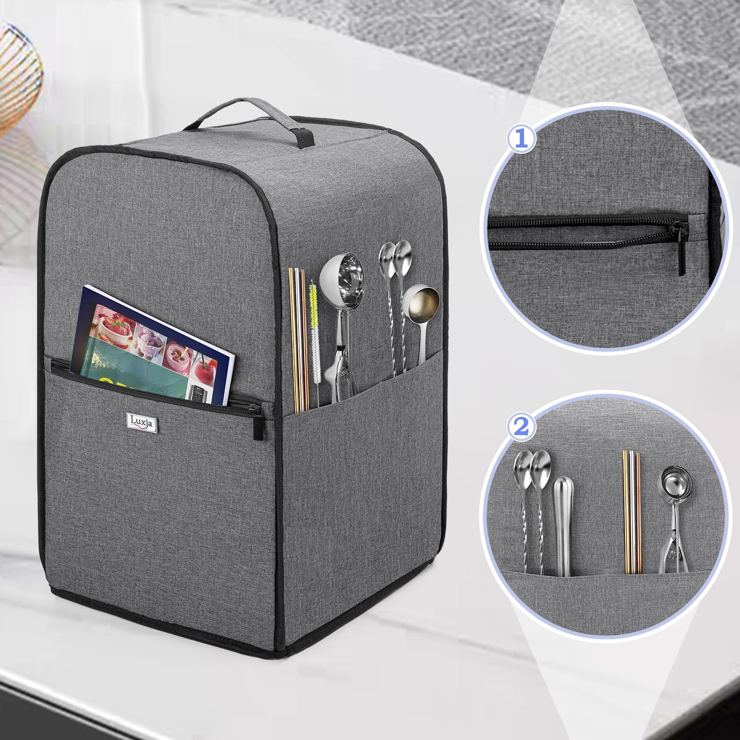 LUXJA Dust Cover Fits for Ninja CREAMi NC501, NC301, NC299AMZ, Ice Cream Maker Dust Cover Compatible for Ninja Ice Cream Maker Machine with Accessories Pockets, Gray