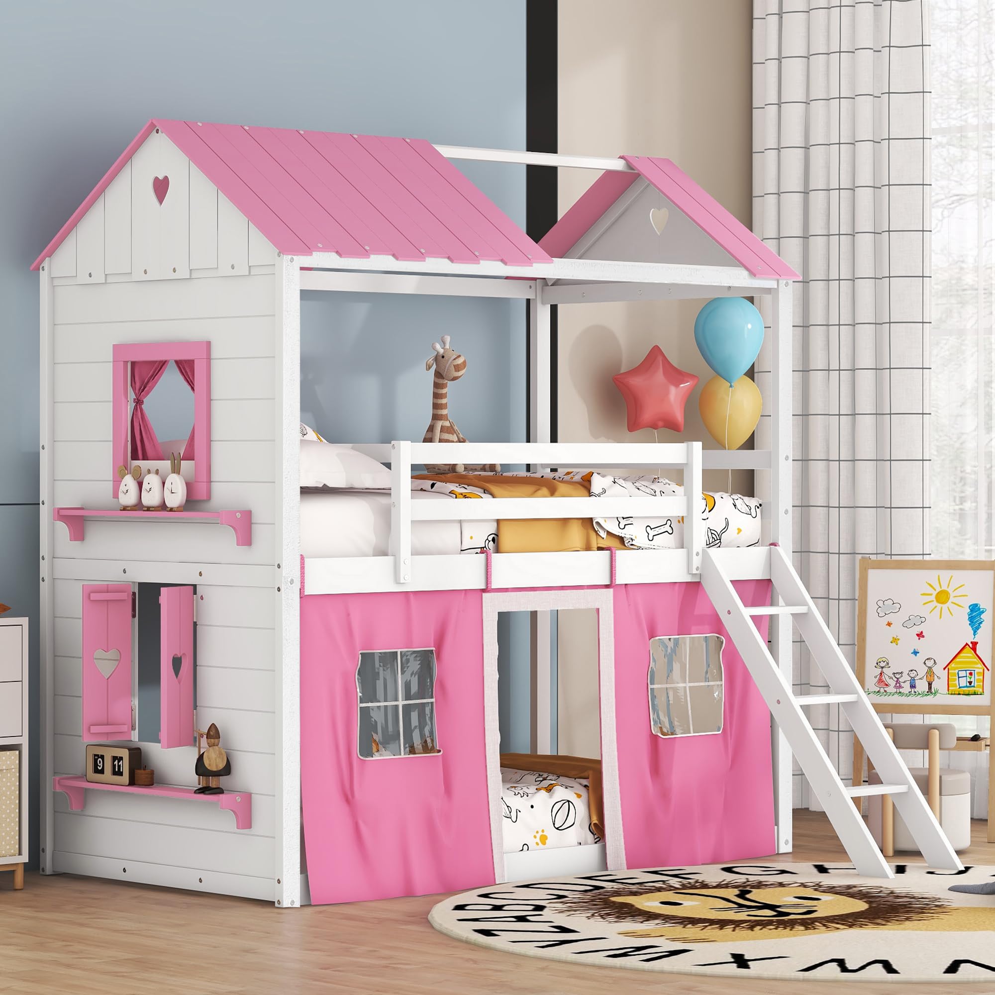 SOFTSEA Full Over Full Bunk Bed Frame, Floor Low Bunk Bed with Tent and Windows Sills, Wood Bunk Bed Frame with Slide Ladder and Guardrails, Full Size House Shaped Bunk Bed for Kids, Pink