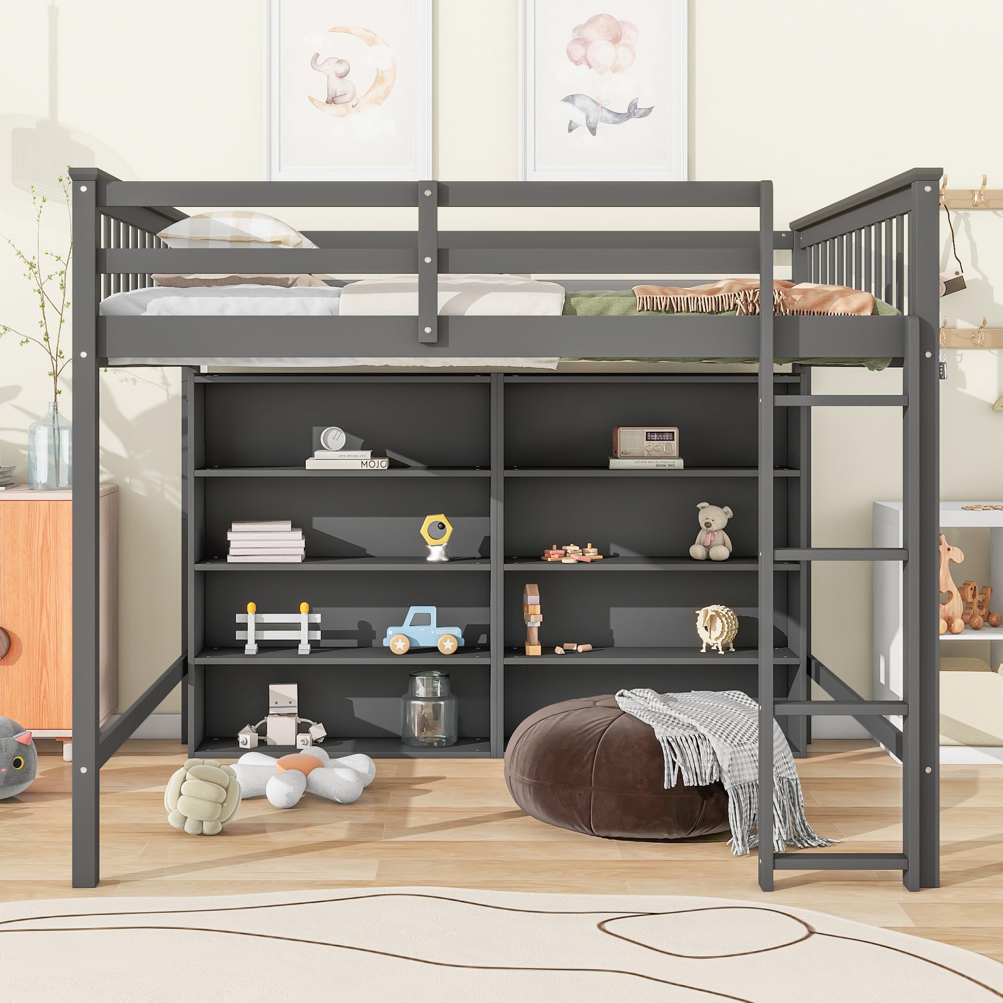 SOFTSEA Full Size Loft Bed with Storage, Solid Wood Loft Bed with Open Storage Shelves, Multi-Functional Loft Bed Frame with Ladder for Kids Boys Girls Teens, Gray