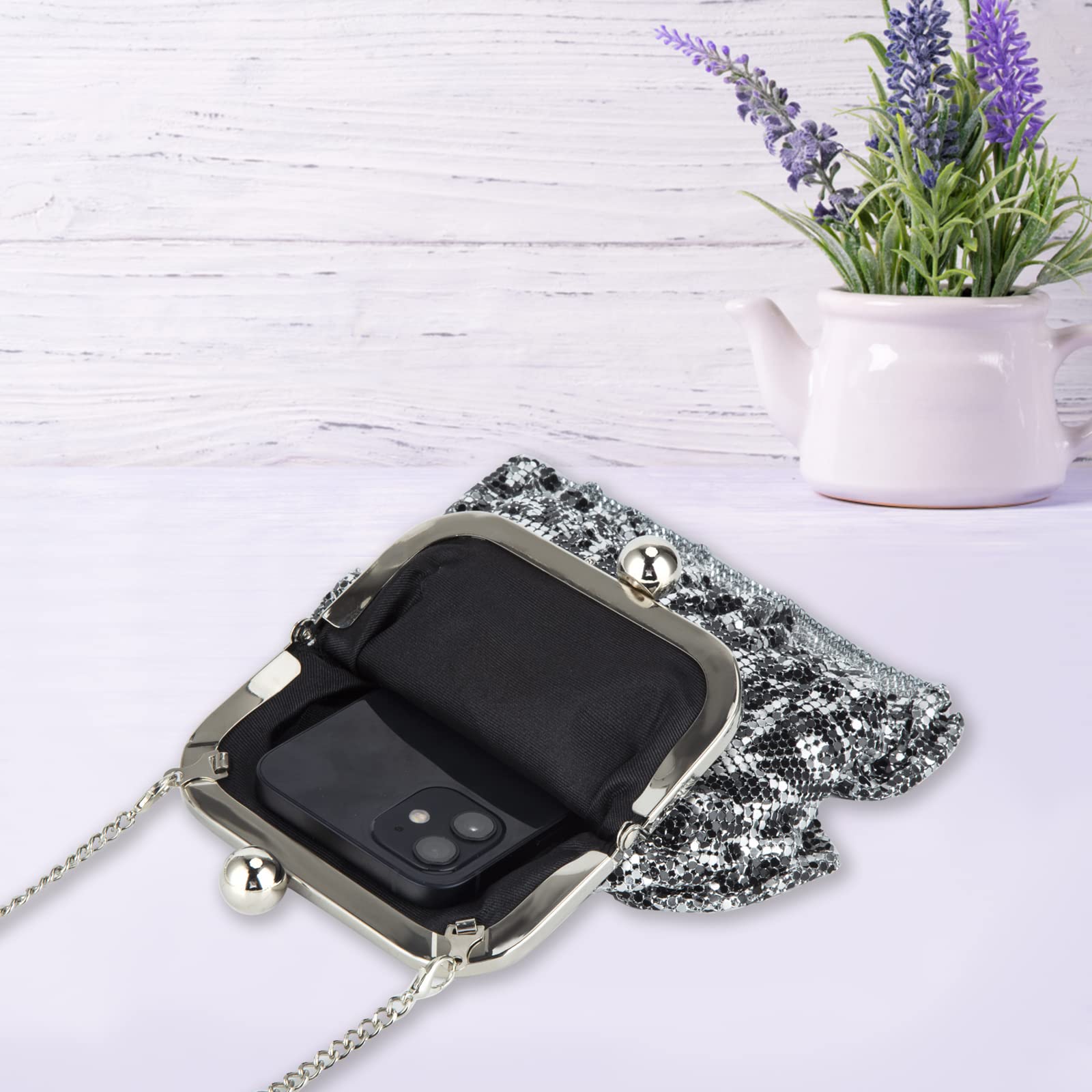 Gripit Leopard Print Rhinestone Sequin Bag Sparkly Phone Purse Silver Clutch Purses for Women Evening Glitter Party Purses