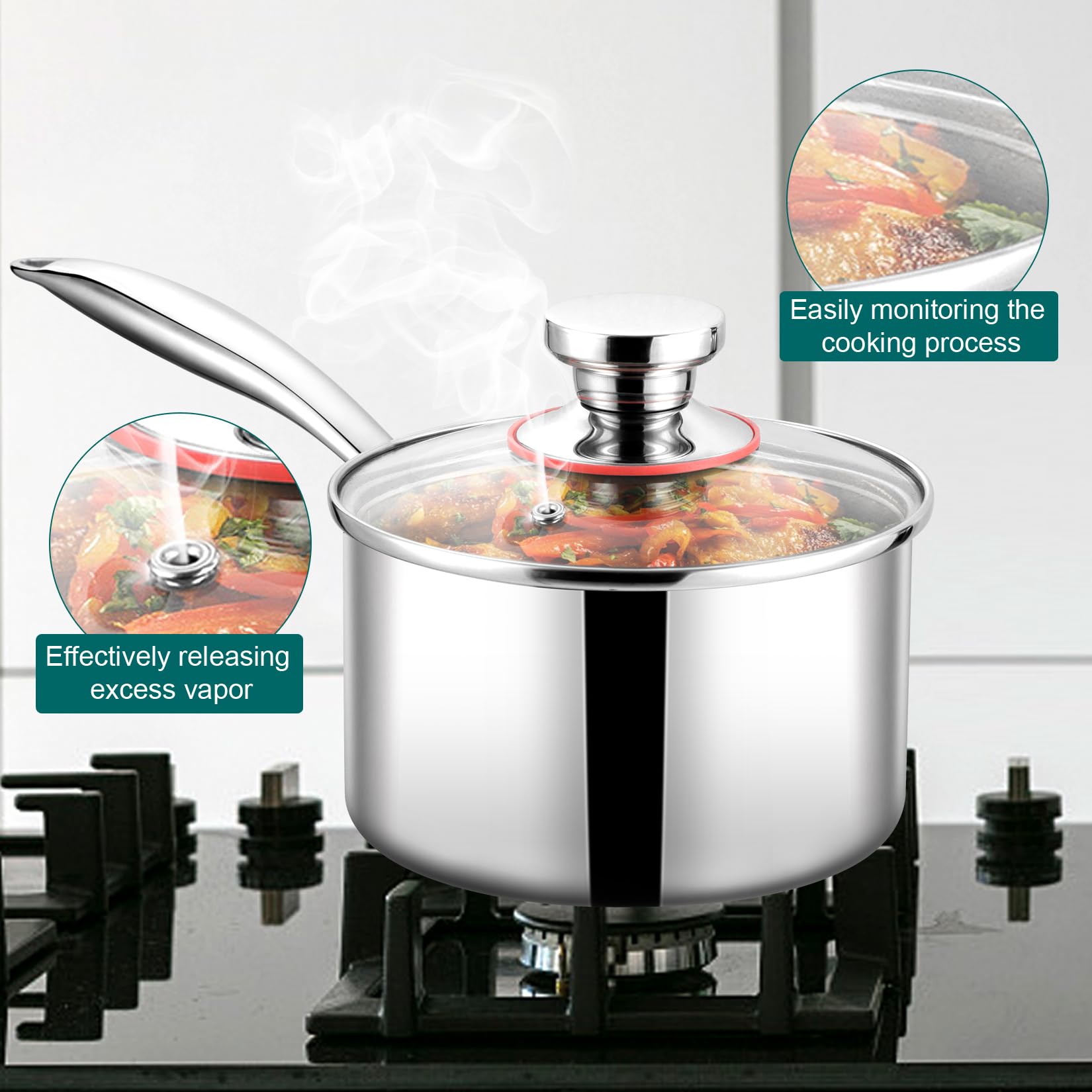 TeamFar 3qt Saucepan with Lid, Stainless Steel Tri-ply Pasta Sauce Milk Pan Small Cooking Pot with Ergonomic Handle, for Induction/Gas/Electric/Ceramic, Healthy & Heavy Duty, Dishwasher Safe