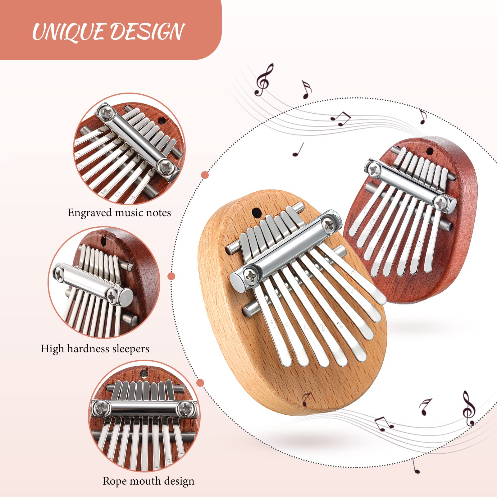 EBOOT 10 Pieces 8 Keys Mini Kalimba Piano Set Include Mini Finger Thumb Piano with Lanyard Chain, Finger Protector and Cleaning Cloth for Kids and Adults Beginners(Oval, Wood)