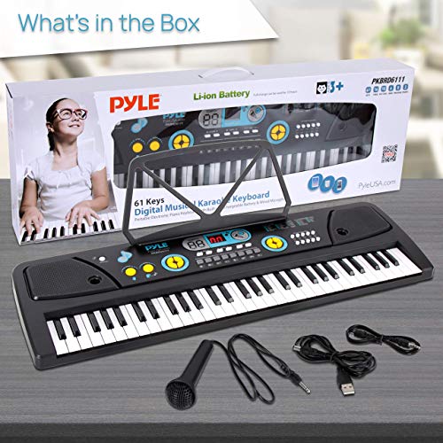 Digital Piano Kids Keyboard - Portable 61 Key Piano Keyboard, Learning Keyboard for Beginners w/ Drum Pad, Recording, Microphone, Music Sheet Stand, Built-in Speaker - Pyle PKBRD6111 (Renewed)