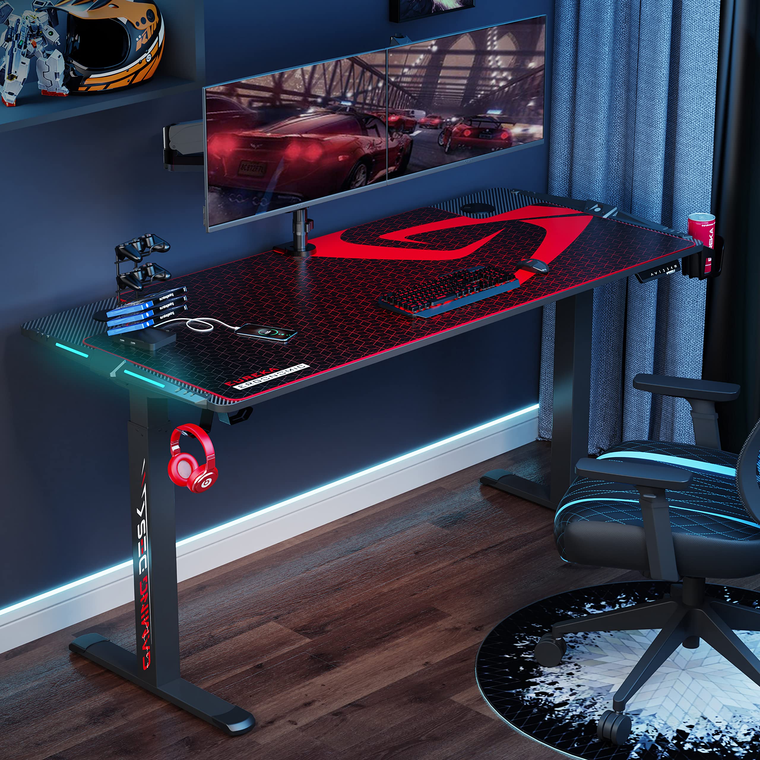 DESIGNA 65 inch Electric Height Adjustable Standing Desk, Sit Stand Large Gaming Computer Desk with RGB LED Lights, Full Coverage Gaming Desk Mat for Gaming & Home Office, Black