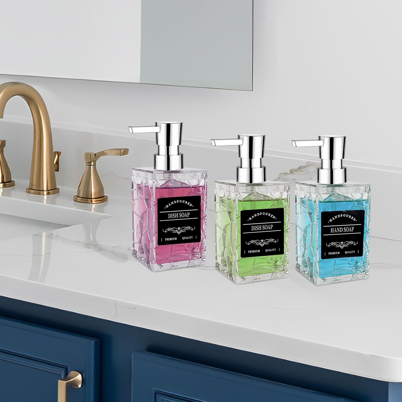 Dexspoeny 3 Pack Clear Bathroom Countertop Soap Dispenser,Refillable Soap Dispenser for Kitchen and Bathroom, Bathroom Soap Dispenser Set includes 12 Stickers and Transparent Funnel Tool