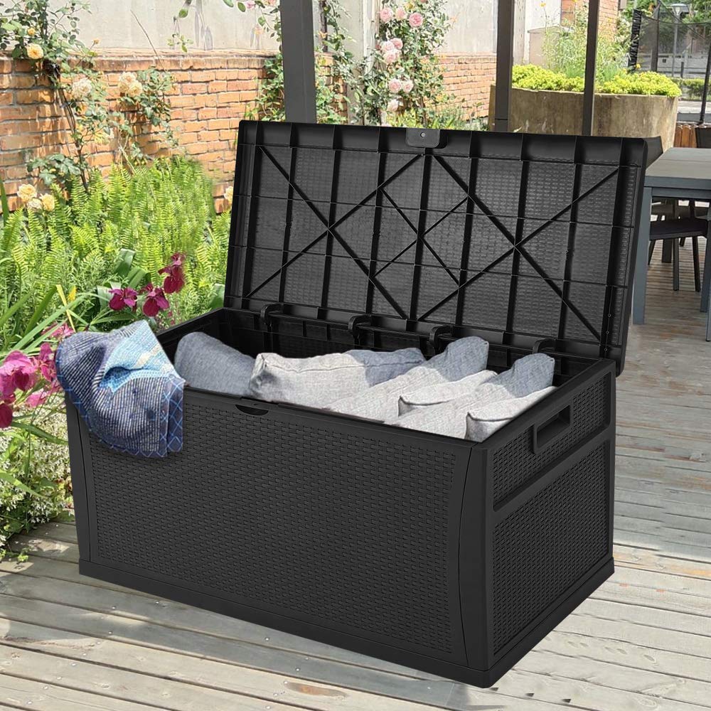 Patio Deck Box, Resin Storage Box for Outdoor Patios, Garden Tools Storage, 120 Gallons (Black)