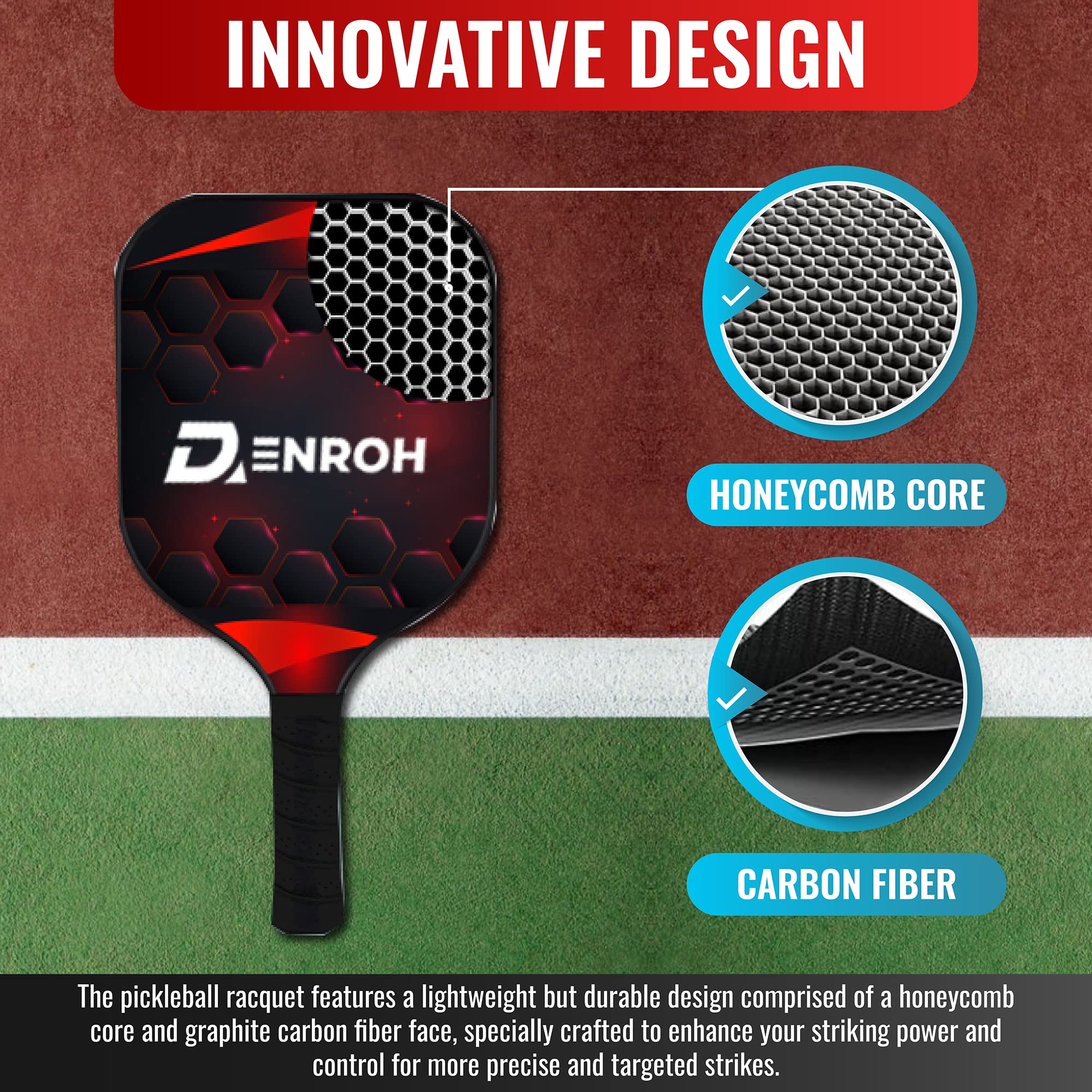 DENROH Pickleball Paddle Set of 4 – Carbon Fiber Pickleball Paddle Set with Balls, Retrievers, Covers – Premium Lightweight Graphite Paddle Racket Set with Accessories – Pickleball Gifts for Men Women