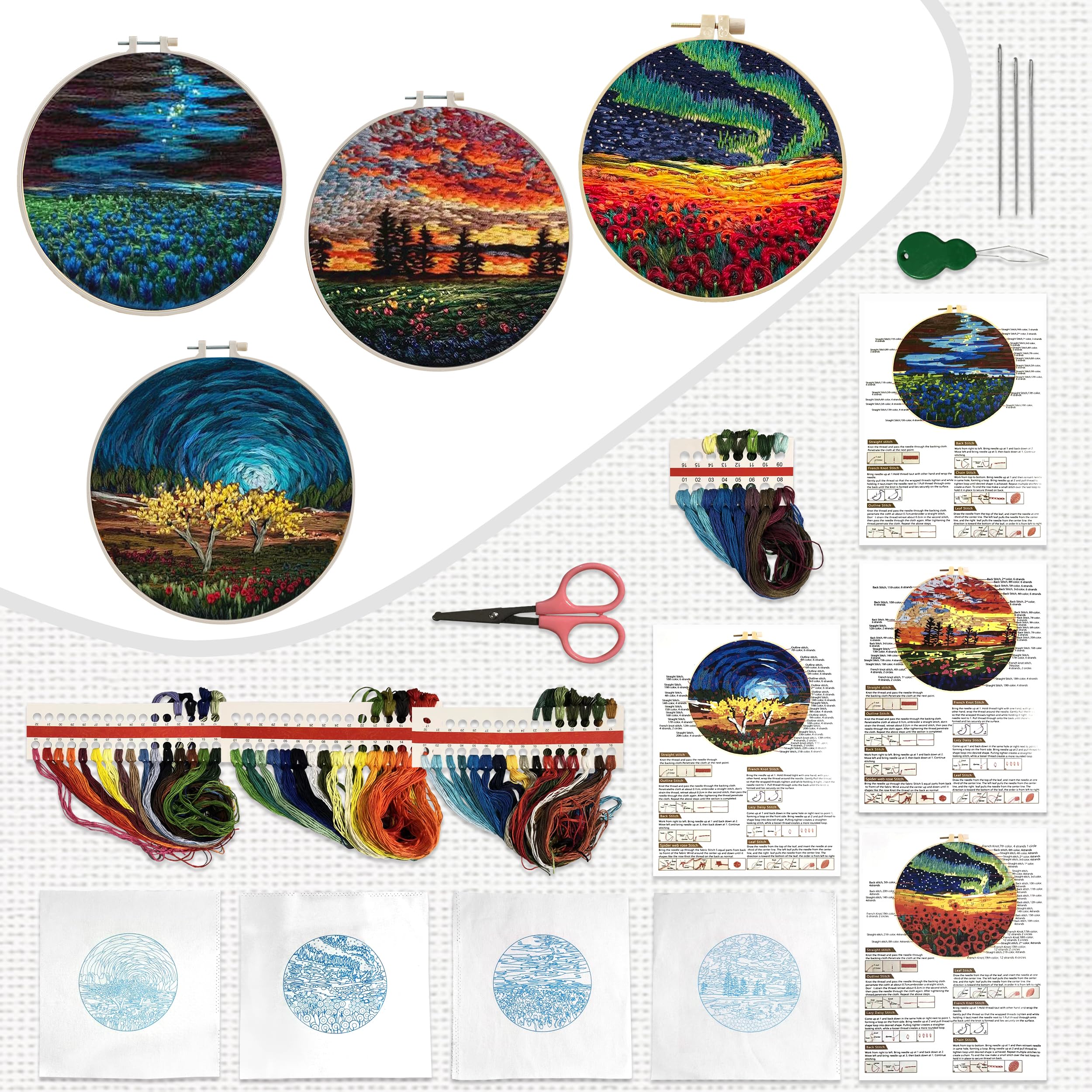 Maydear 4 Pack Embroidery Starter Kit with Pattern, Stamped Cross Stitch Kits for Beginners Adults with Embroidery Hoop and Instructions, Hand Embroidery Kit (Embroidery kit flower2)