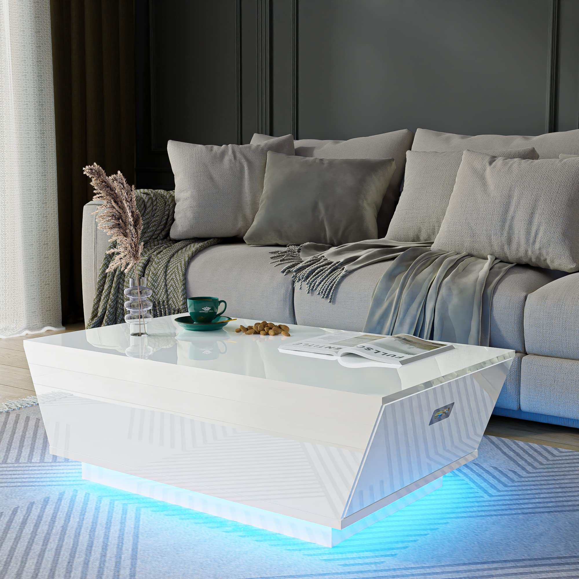 Cozy Castle Black Modern Coffee Table with LED Lights, High Gloss Coffee Table with Storage Drawers, Contemporary Center Table for Living Room