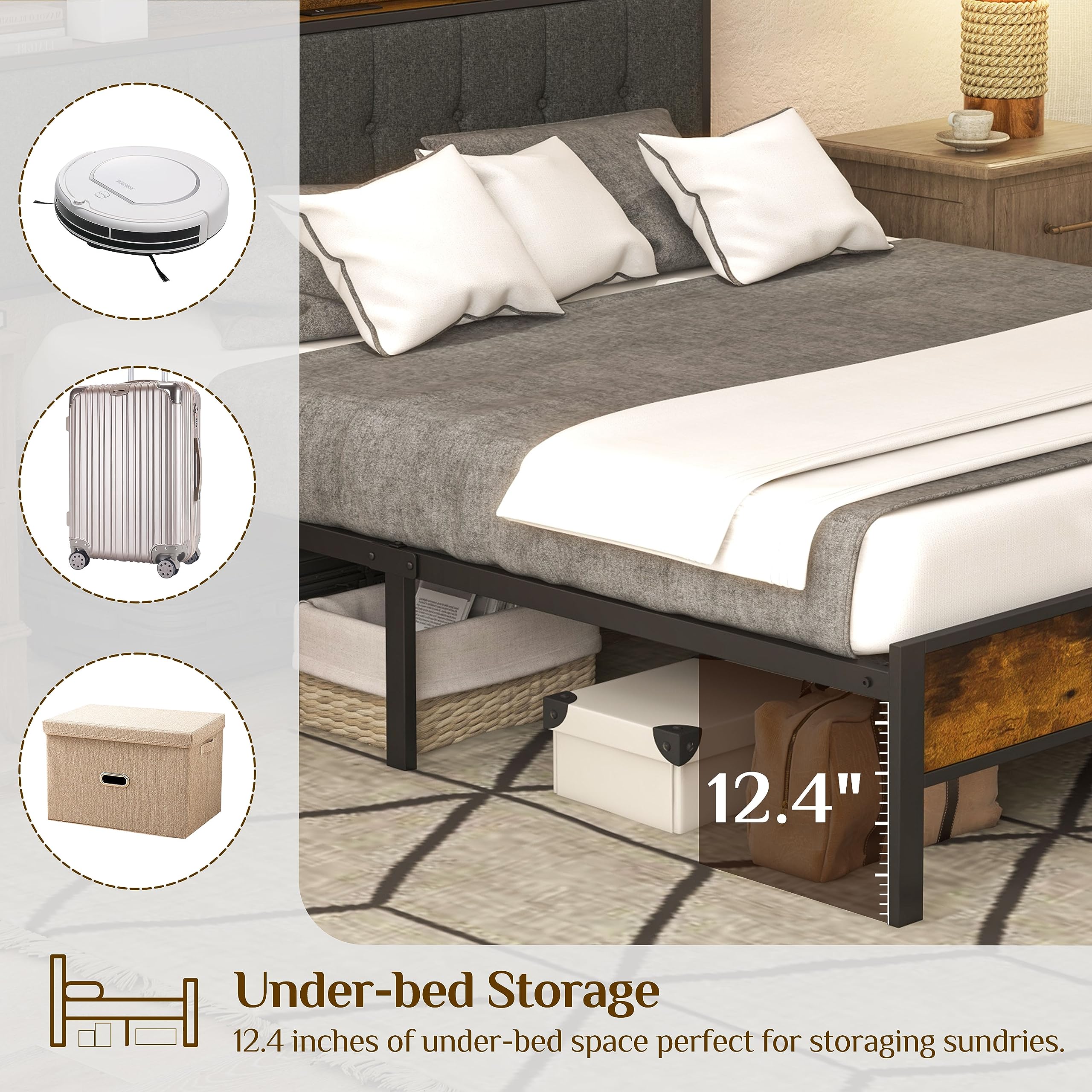DALISK Queen Size Platform Bed Frame with Upholstered Headboard & USB Ports for Charging- No Box Spring, Strong & Noise Free Support - Easy Assembly