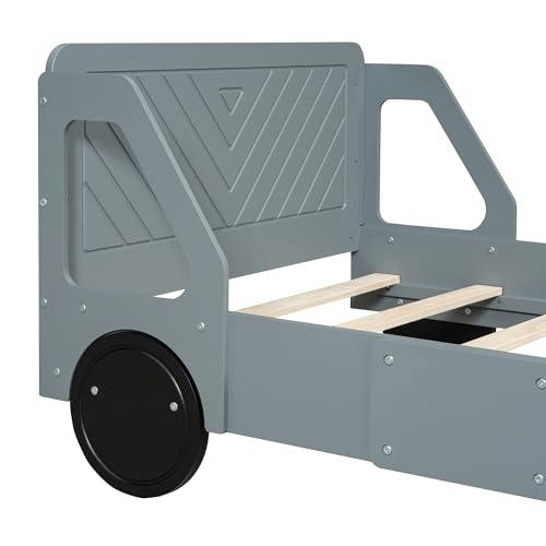 Designs Twin Size Car-Shaped Platform Bed with Wheels Wooden Platform Bed Frame with Support Slats for Kids Boys Girls Teens (Gray-@2)