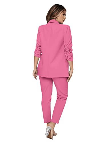 SweatyRocks Women's 2 Piece Solid Ruched Sleeve Blazer and Pants Business Office Suit Set Hot Pink L