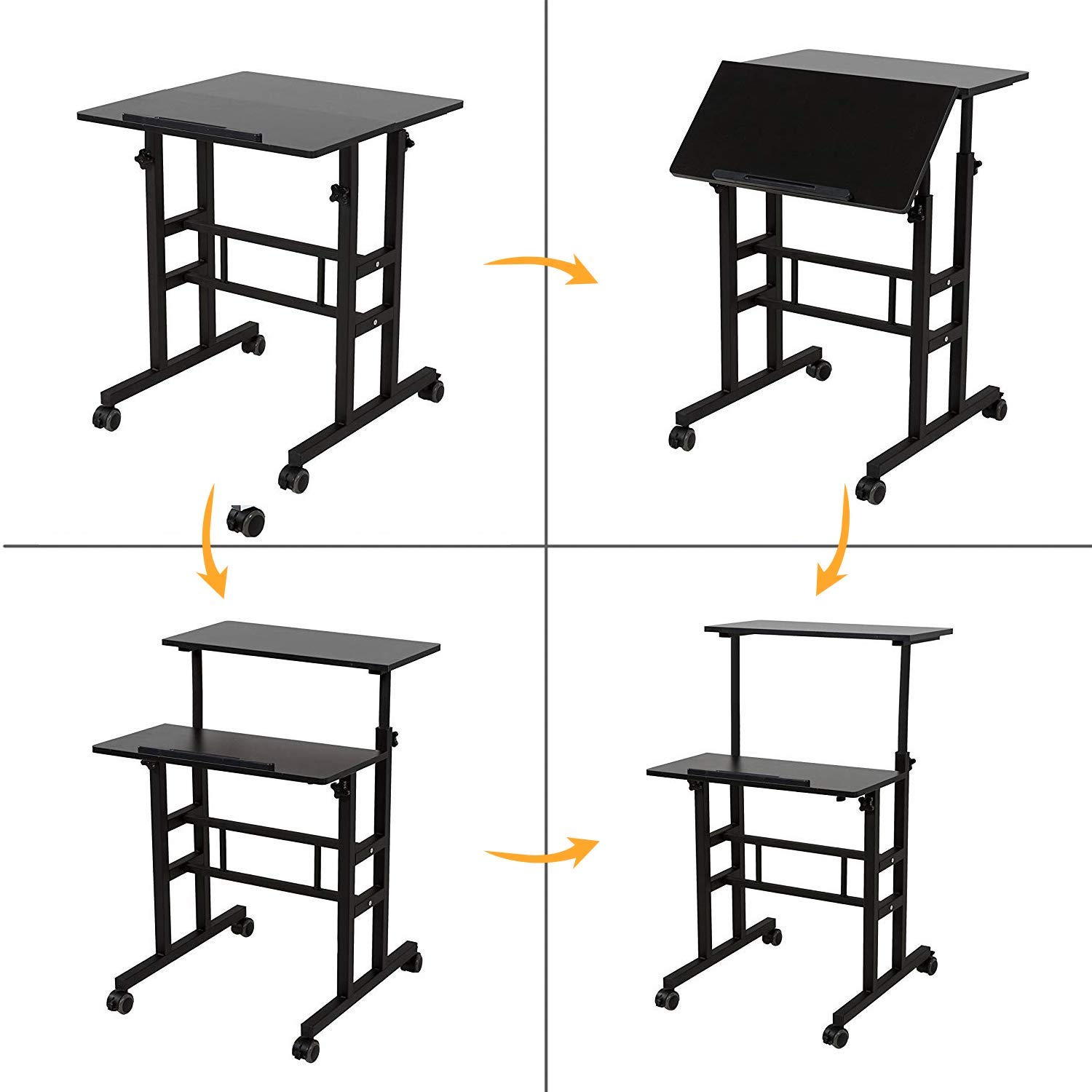 sogesfurniture Mobile Standing Desk Laptop Workstation on Wheels, Adjustable Computer Desk for Standing or Sitting, Black 101-BK