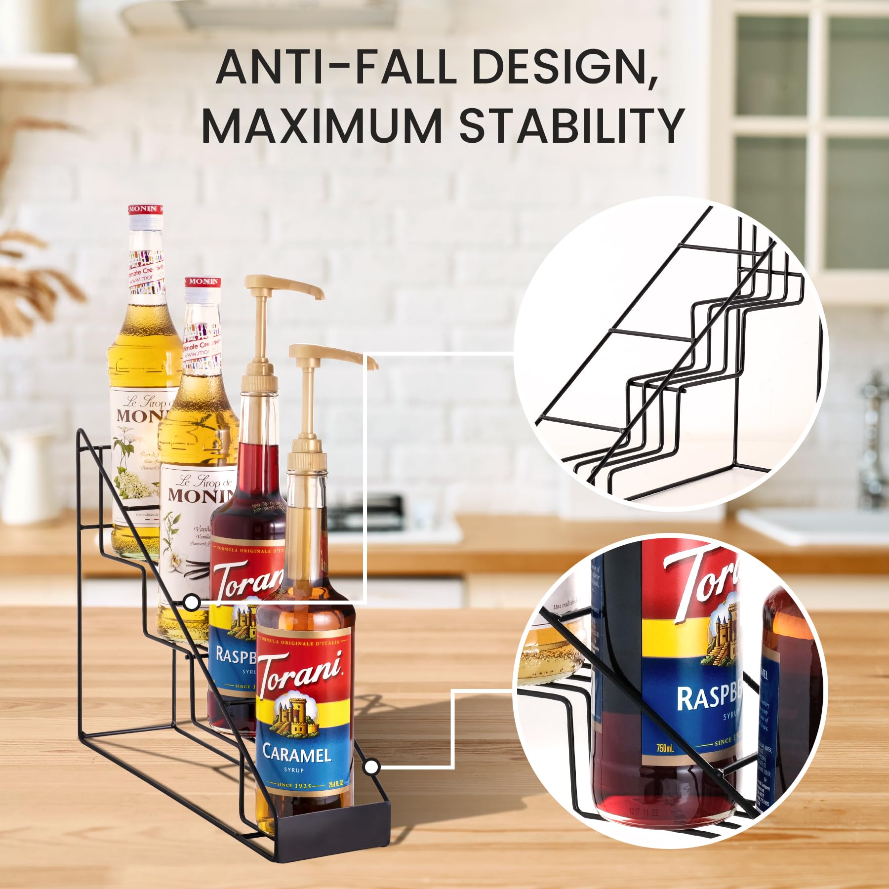 mustry Coffee Syrup Rack for Coffee Bar Accessories, Coffee Syrup Holder Fits with Torani and Monin Syrup, Coffee Bar Organizer Holds 4 Bottles, 2 Pack
