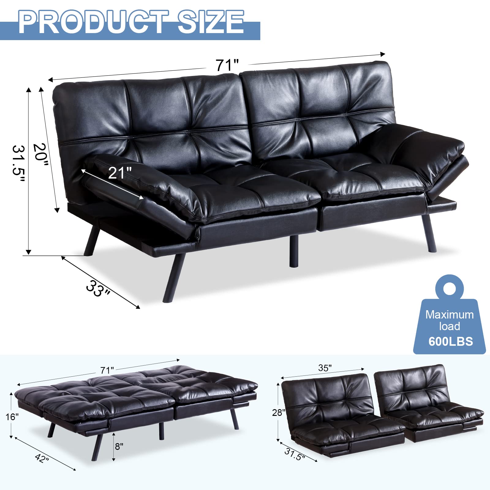 MUUEGM Futon Bed Couch Faux Leather Convertible Sleeper,Memory Foam Modern Love seat with Adjustable Arm&Back,for Living Room,Office,Small Space,Dorm,Apartment Sofabed, Black Sofa-New