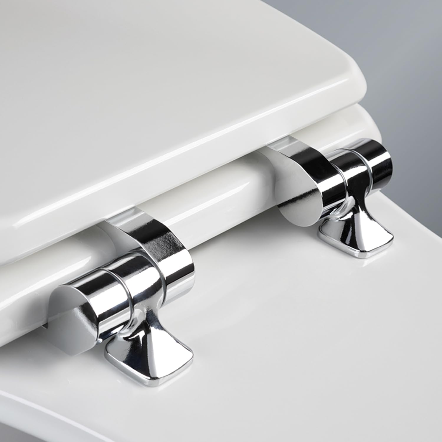Mayfair Benton Toilet Seat with Chrome Hinges, Slow Close Wood Seat, Secure Metal Hinges, Easy Install, Elongated, White