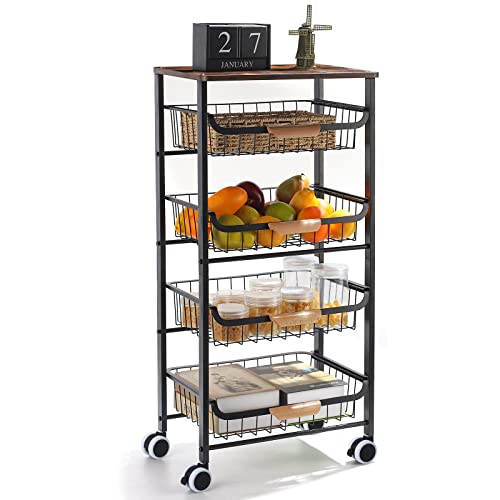 Kitchen Storage Rolling Cart, Kitchen Cart with Lockable Wheels, 5 Tier Metal Wire Basket Shelf Rolling Storage Cart with Wooden Handle, Wood Cover Top Kitchen Island Cart for Home, Office