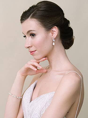 SWEETV Wedding Bridal Jewelry Set for Women, Cubic Zirconia Pearl Dangle Earrings and Bracelet Set for Wedding Prom