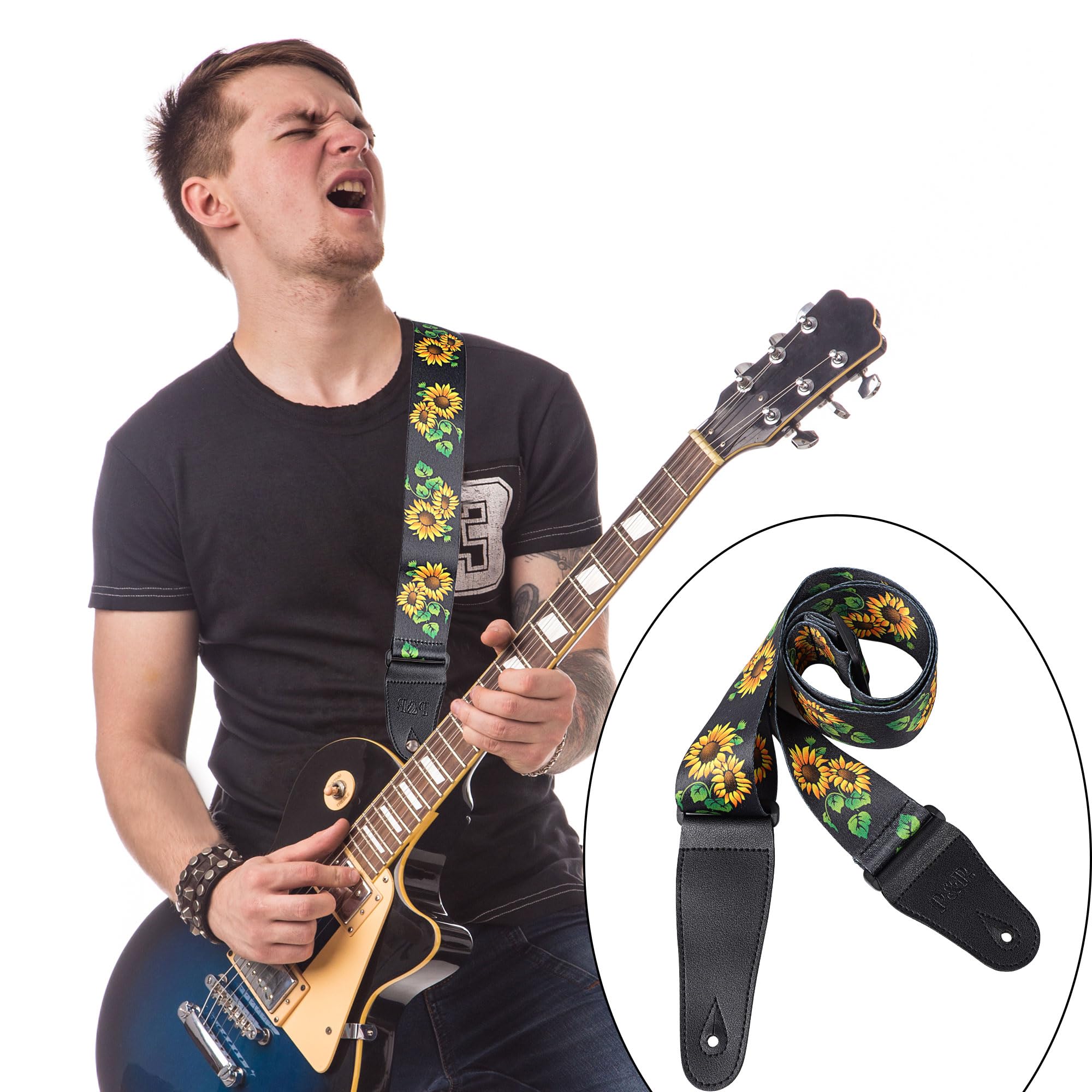 uxcell Guitar Strap, Classical Vintage Sunflower Print Guitar Shoulder Straps with Leather End, Adjustable Strap with free Lace Tie for Bass, Electric & Acoustic Guitars