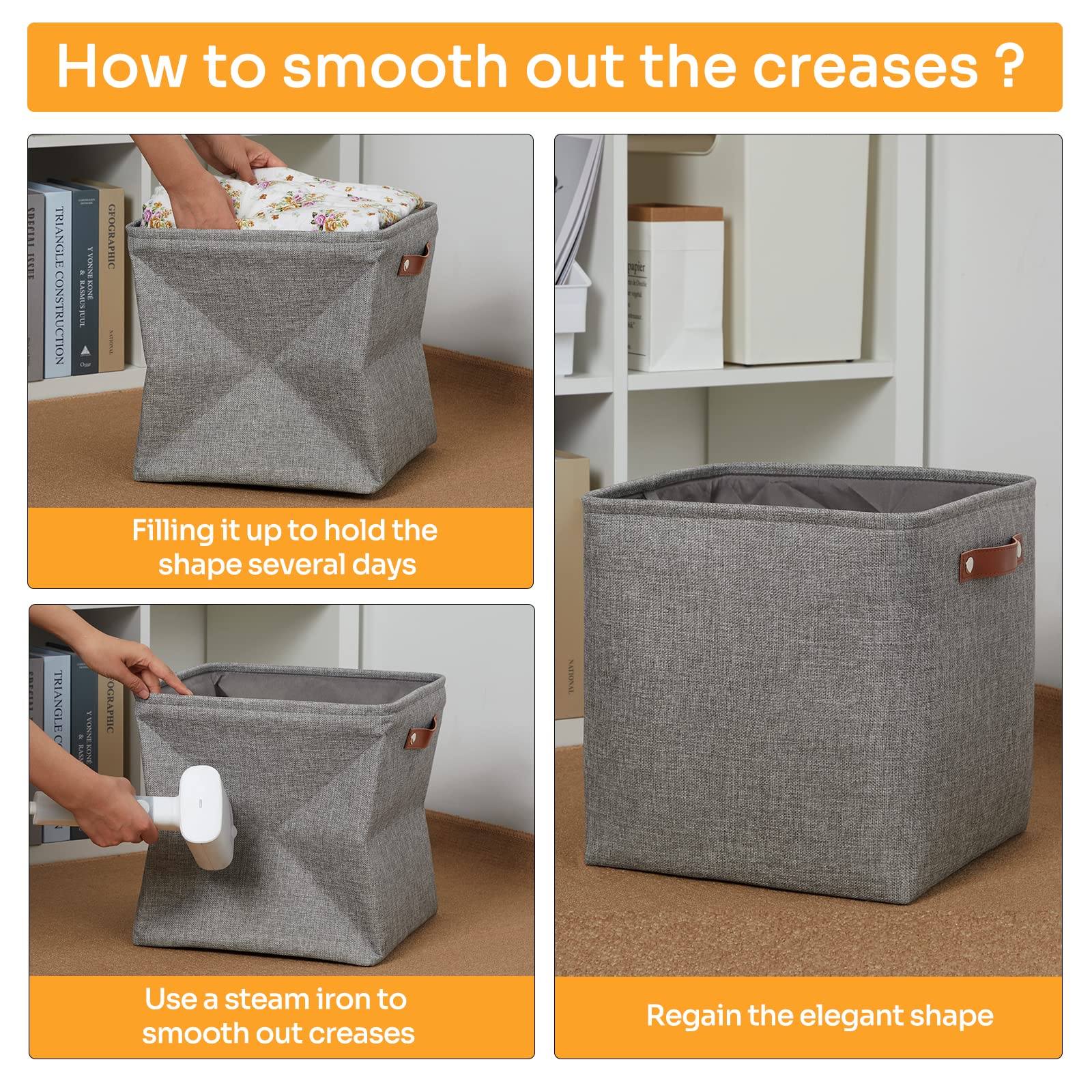 DULLEMELO Collapsible Bundle Baskets 2 Narrow Baskets 15"x6"x5.5" + 4 Cube Baskets 13"x13"x13"(Grey)