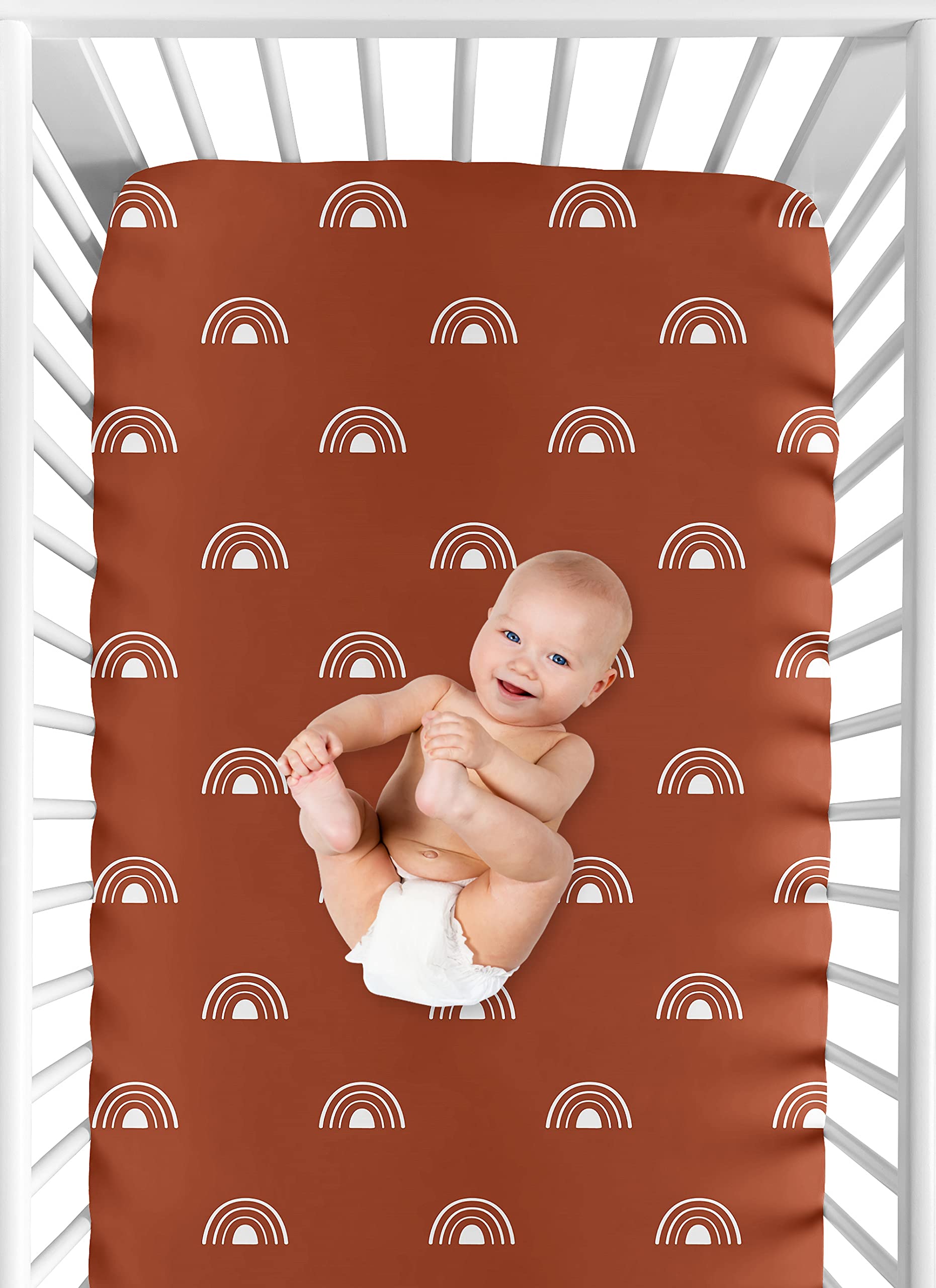 Sweet Jojo Designs Rust and White Boho Rainbow Boy or Girl Fitted Crib Sheet Baby or Toddler Bed Nursery - Orange Bohemian Celestial Sky Outdoors Nature Gender Neutral