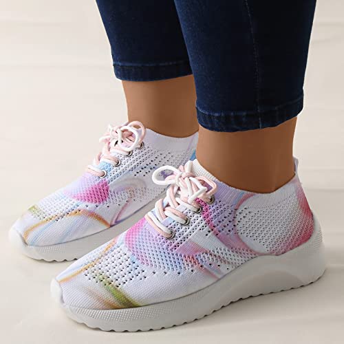 FASDNENDYS Ladies Fashion Color Mesh Breathable Round Toe Lace Up Low Top Flat Er Shoes Pink
