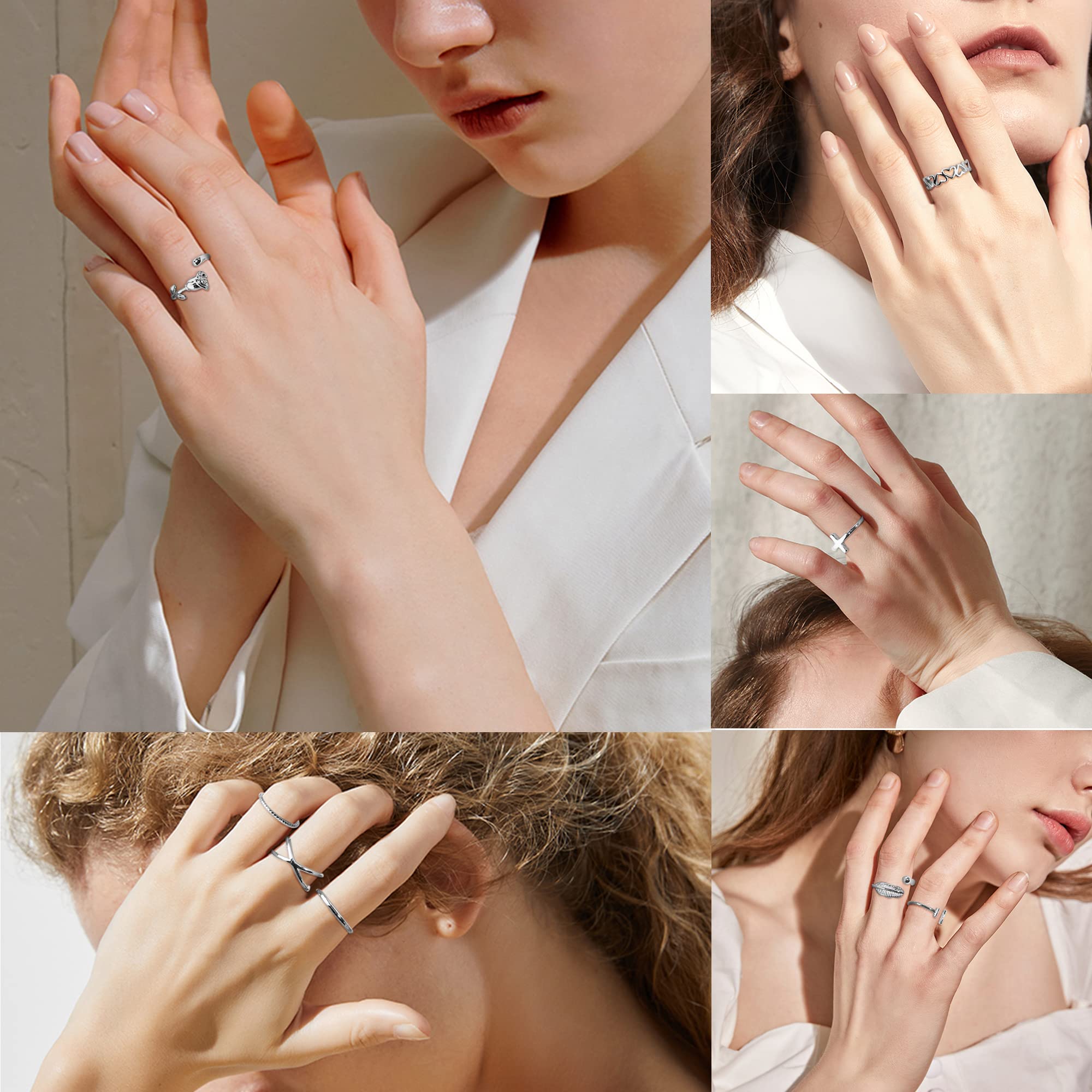 FIBO STEEL 12 Pcs Open Adjustable Rings Set for Women Stackable Finger Rings Pack Cute Twist Butterfly Heart Chain Link Rings Minimalist Rings Set Silver Tone