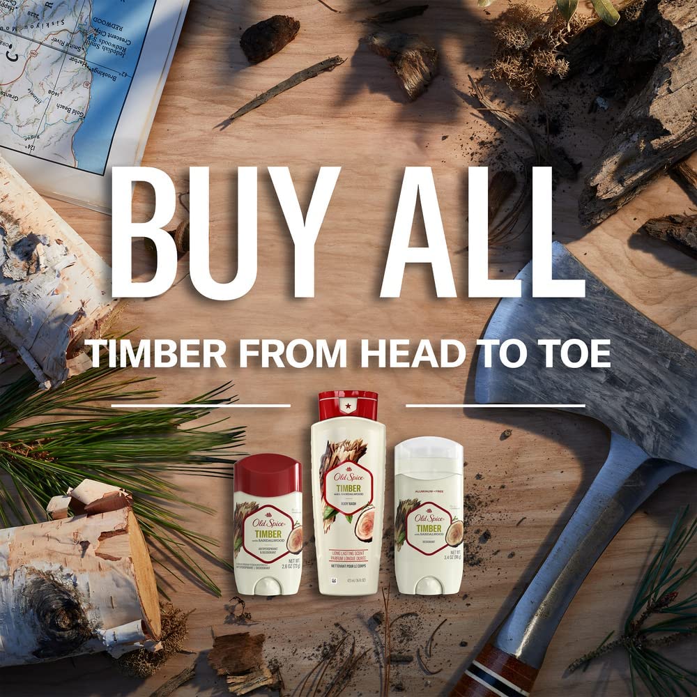 Old Spice Men's Deodorant Aluminum-Free Timber with Sandalwood, 3.0oz Pack of 3 with Travel-Size Swagger Body Wash