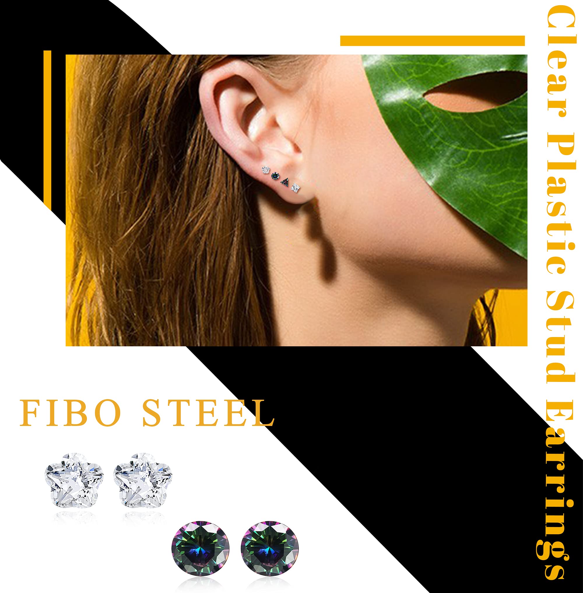 FIBO STEEL 12Pairs Clear Plastic Studs Earrings for Women Acrylic Post Round Square CZ Star Heart Rhinestone Ear Studs Piercing Retainers Gold CZ (AB cz)